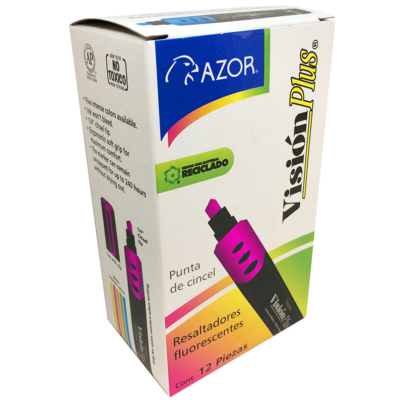 Marcatextos Grueso Rosa 12 piezas Vision Plus Azor– Papelería del Ahorro