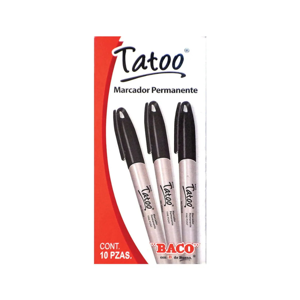 Marcador Permanente Tatoo Negro 10 piezas BACO– Papelería del Ahorro